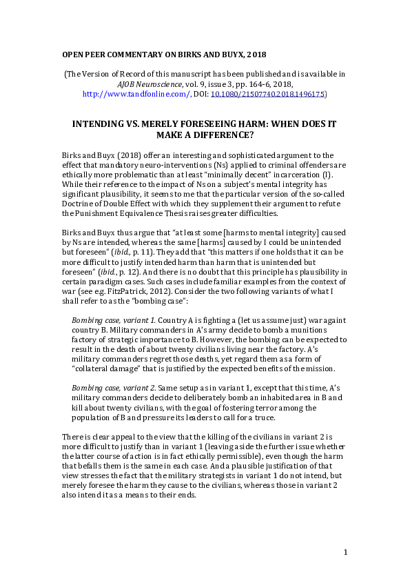 (DOC) Intending vs. Merely Foreseeing Harm: When Does It Make a Difference?