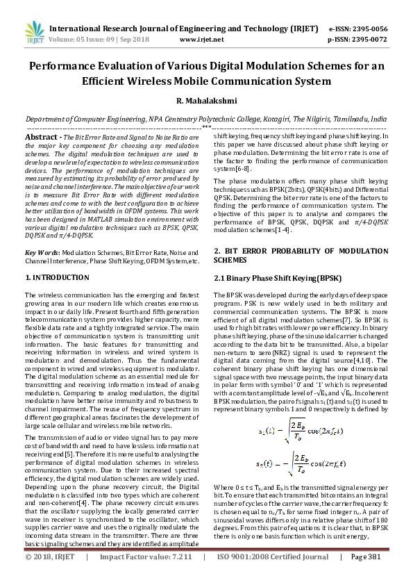 (PDF) IRJET- Performance Evaluation of Various Digital Modulation Schemes for an Efficient ...