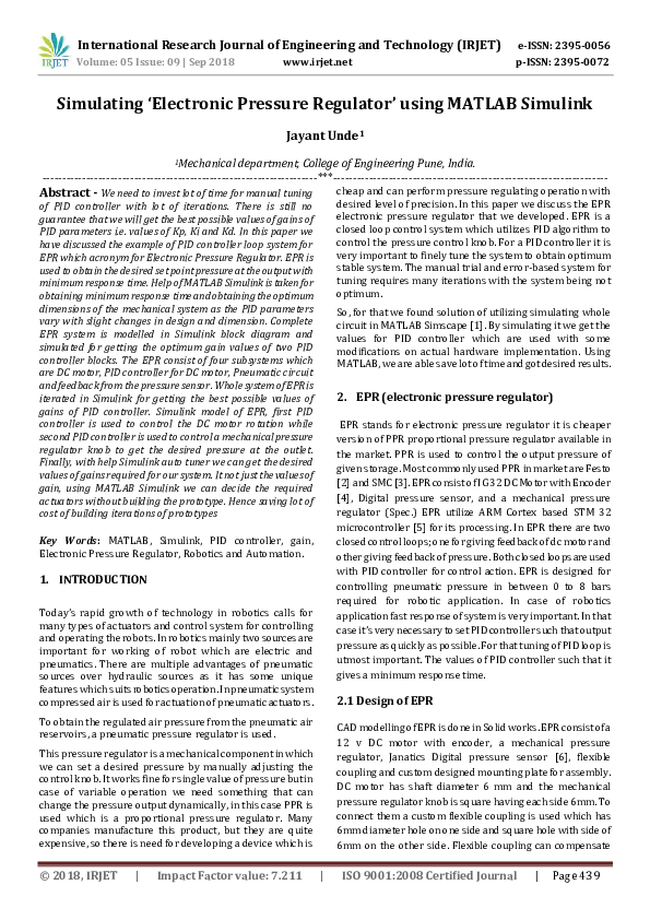 (PDF) IRJET- Simulating 'Electronic Pressure Regulator' using MATLAB ...