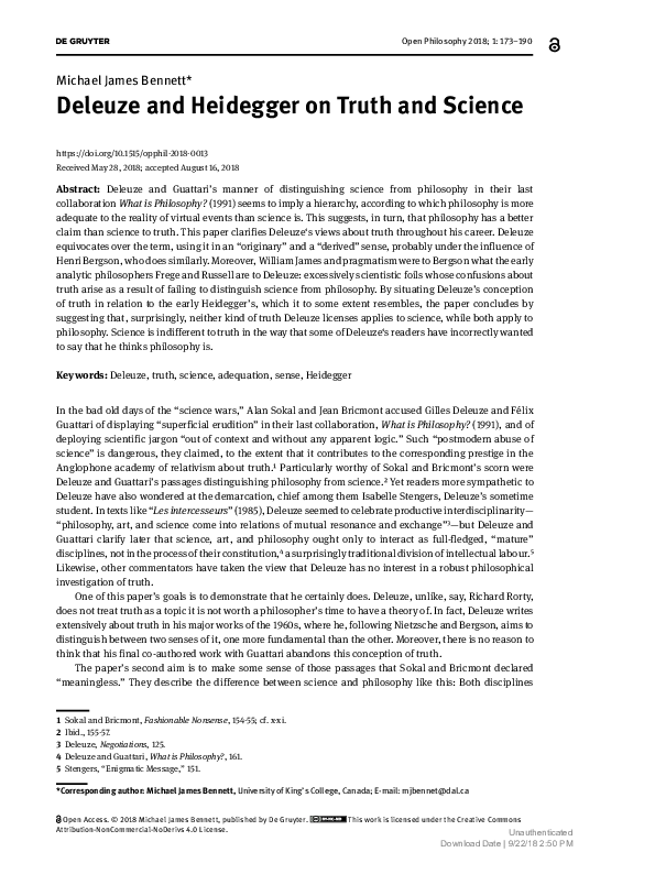 (PDF) Deleuze and Heidegger on Truth and Science