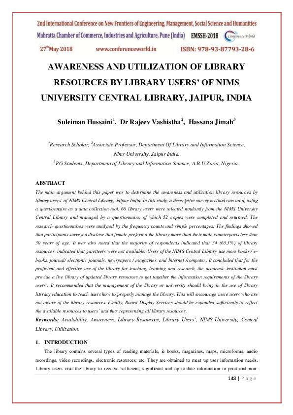 (PDF) AWARENESS AND UTILIZATION OF LIBRARY RESOURCES BY LIBRARY USERS' OF NIMS