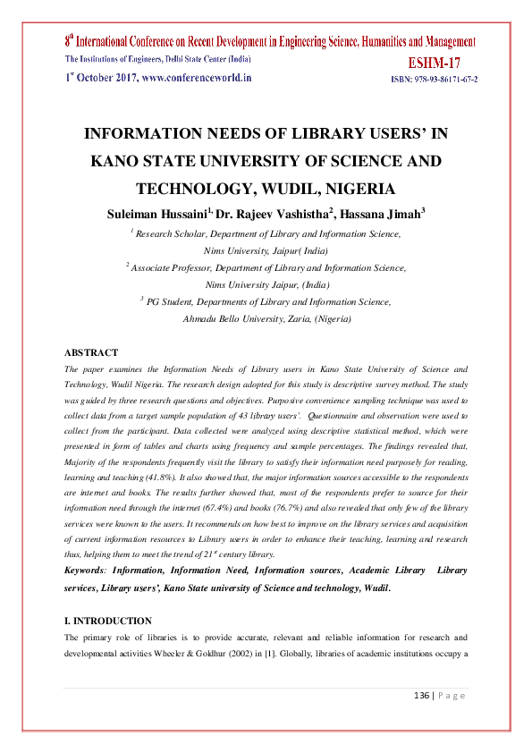 (PDF) INFORMATION NEEDS OF LIBRARY USERS' IN