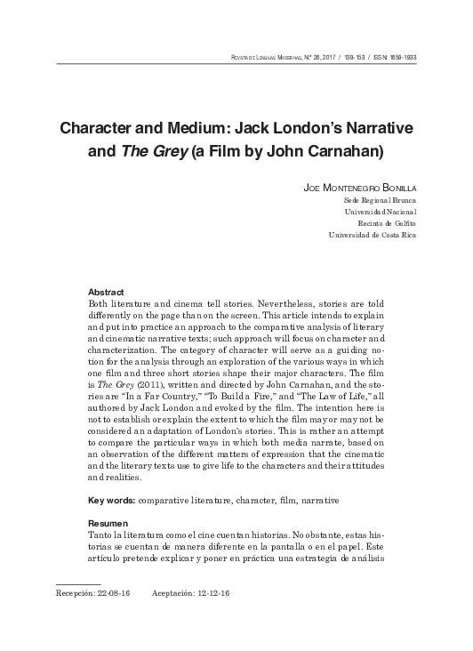 (PDF) Character and Medium: Jack London's Narrative and The Grey (a ...