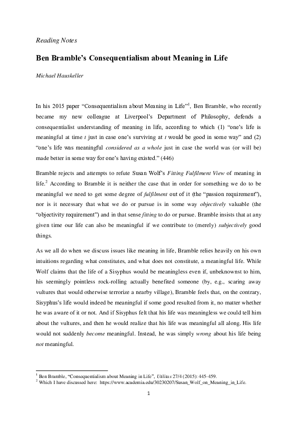 (PDF) Ben Bramble's Consequentialism about Meaning in Life