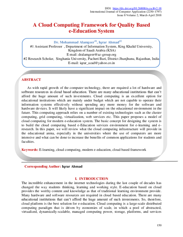Pdf A Cloud Computing Framework For Quality Based E Education System