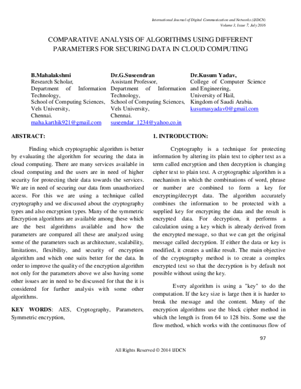 Pdf Comparative Analysis Of Algorithms Using Different Parameters For Securing Data In Cloud