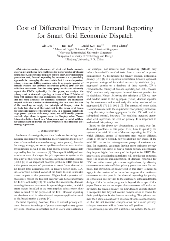 (PDF) Cost of Differential Privacy in Demand Reporting for Smart Grid Economic Dispatch