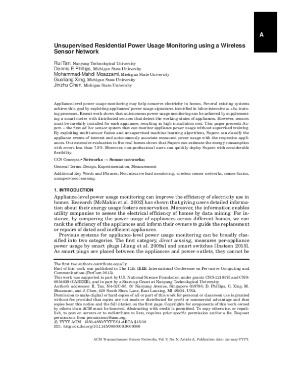 Pdf Unsupervised Residential Power Usage Monitoring Using A Wireless Sensor Network