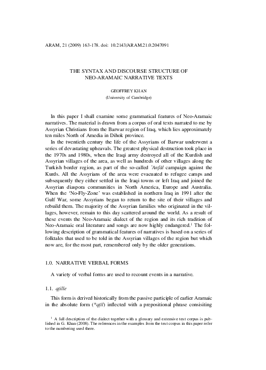 (PDF) Geoffrey Khan, “The Syntax and Discourse Structure of Neo-Aramaic Narrative Texts,” ARAM ...