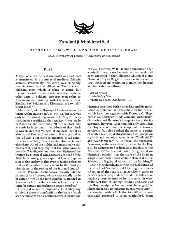 (PDF) Nicholas Sims-Williams and Geoffrey Khan,” “Zandanījī ...