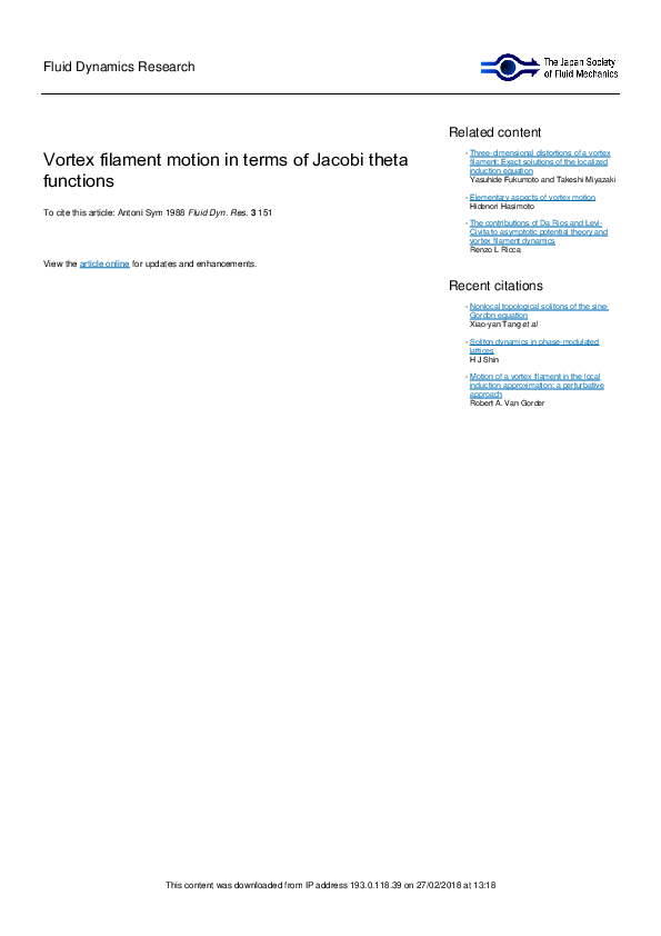 Pdf Fluid Dynamics Research Vortex Filament Motion In Terms Of Jacobi Theta Functions