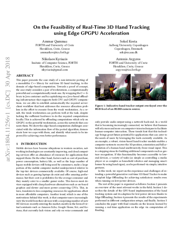 Pdf On The Feasibility Of Real Time 3d Hand Tracking Using Edge Gpgpu