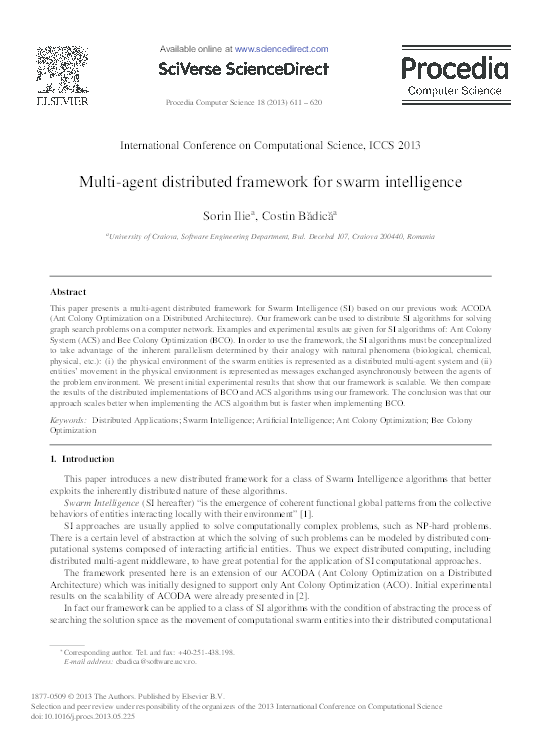 (PDF) Multi-agent distributed framework for swarm intelligence | Sorin Ilie - Academia.edu