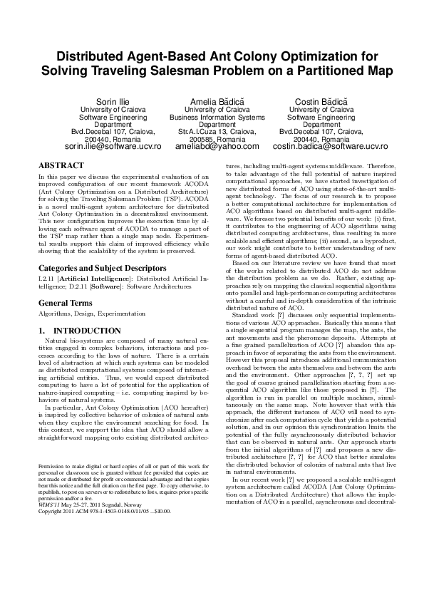 Pdf Distributed Agent Based Ant Colony Optimization For Solving Traveling Salesman Problem On