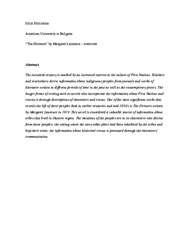 (DOC) “The Diviners” by Margaret Laurence – overview