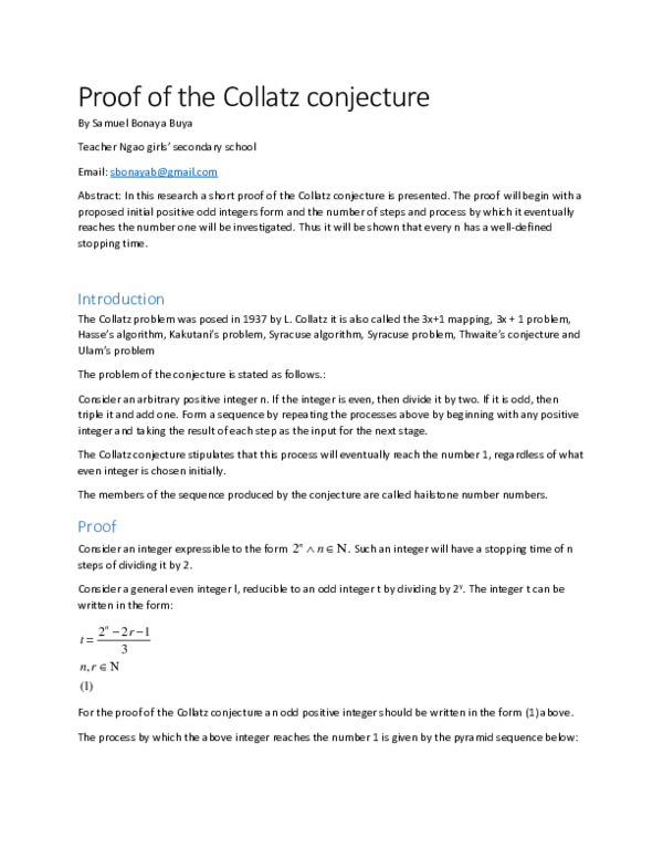 (PDF) The Collatz Conjecture: Determining an Infinite Convergent Sequence | Tim Tarver ...