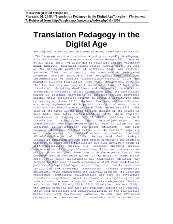 (PDF) Translation Pedagogy in the Digital Age. How digital technologies ...