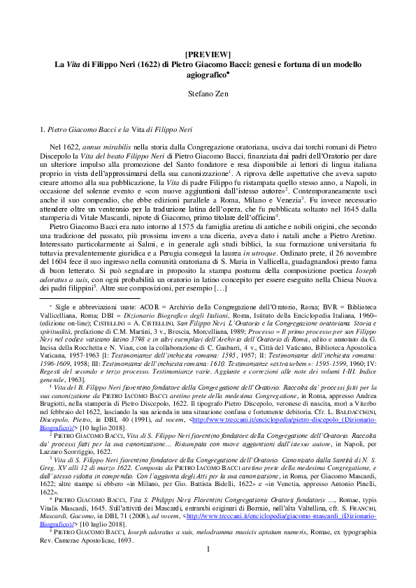 (PDF) La Vita di Filippo Neri (1622) di Pietro Giacomo Bacci: genesi e ...