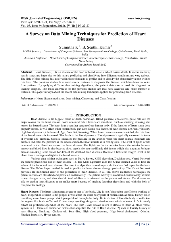 Pdf A Survey On Data Mining Techniques For Prediction Of Heart Diseases