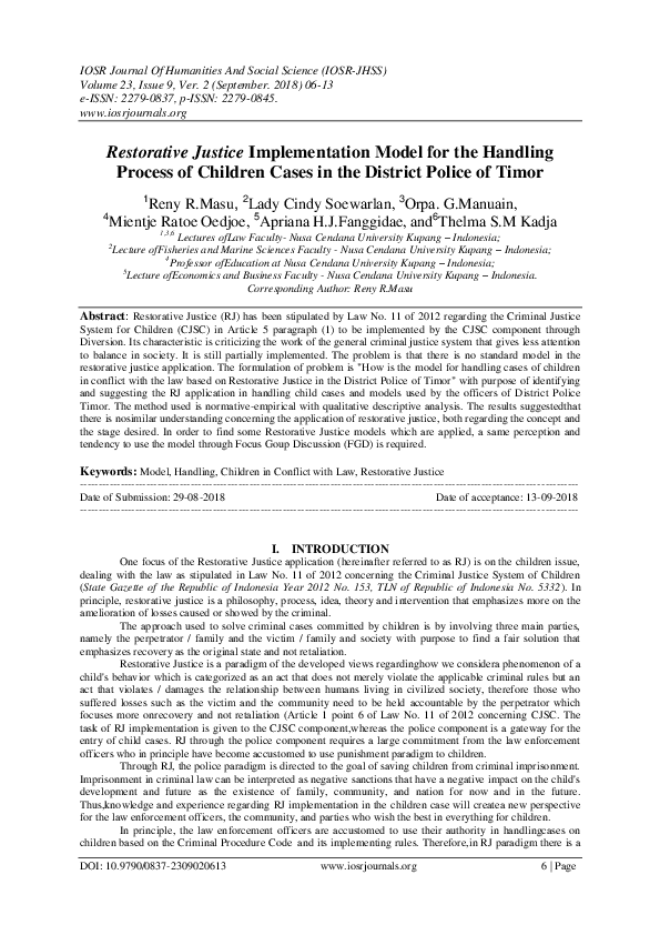 (PDF) Restorative Justice Implementation Model for the Handling Process of Children Cases in the ...