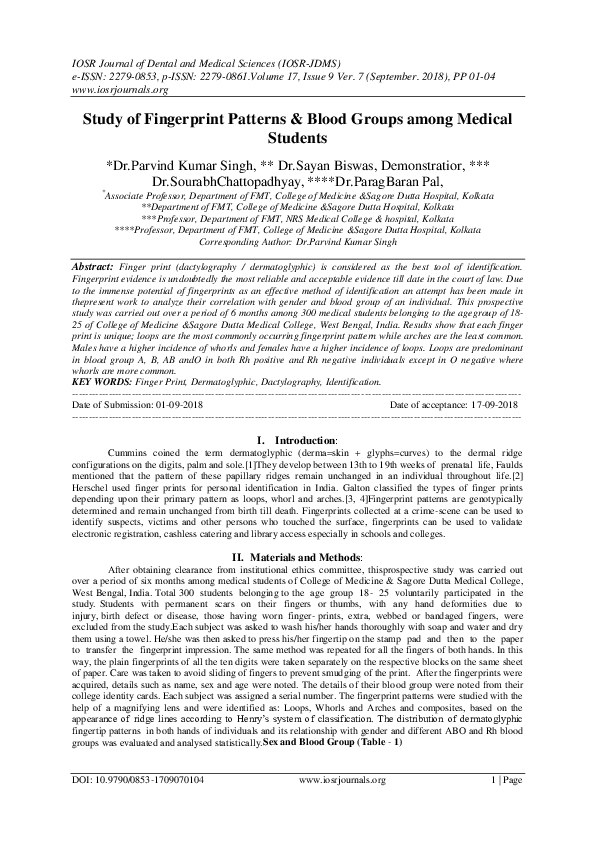 (PDF) Study of Fingerprint Patterns & Blood Groups among Medical Students