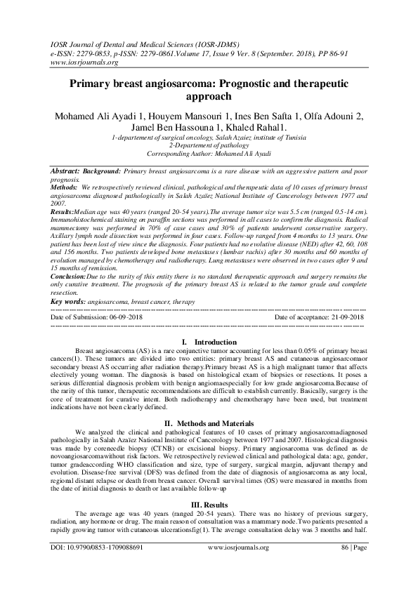 (PDF) Primary breast angiosarcoma: Prognostic and therapeutic approach | IOSR JDMS - Academia.edu