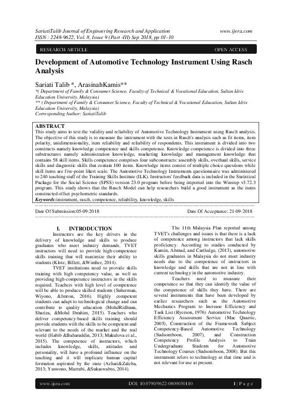 (PDF) Development of Automotive Technology Instrument Using Rasch Analysis