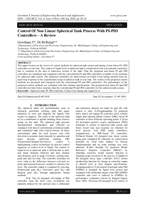 (PDF) Control Of Non Linear Spherical Tank Process With PI-PID Controllers – A Review