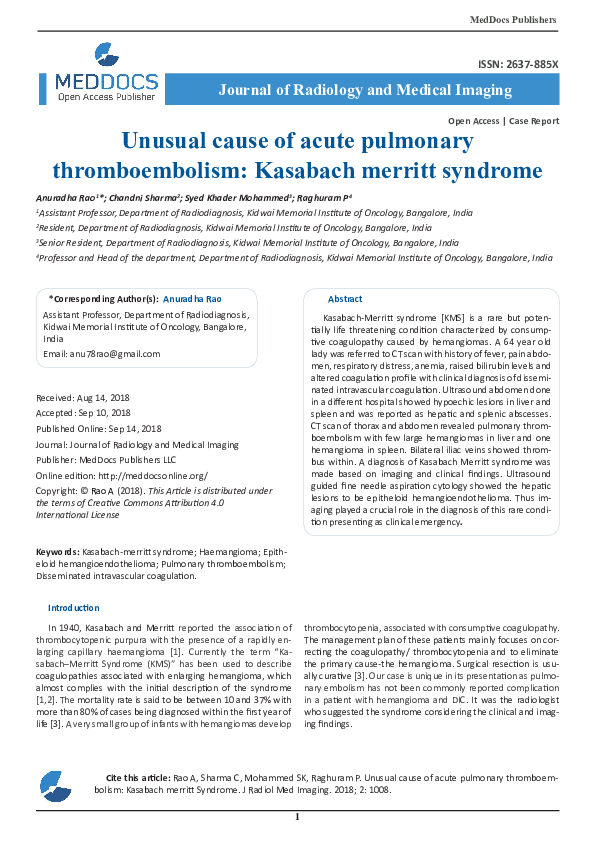 (PDF) Unusual cause of acute pulmonary thromboembolism: Kasabach ...