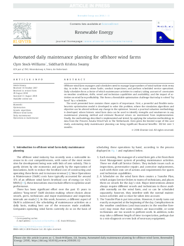 (PDF) Automated daily maintenance planning for offshore wind farms
