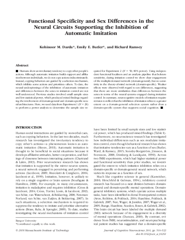 Pdf Functional Specificity And Sex Differences In The Neural Circuits