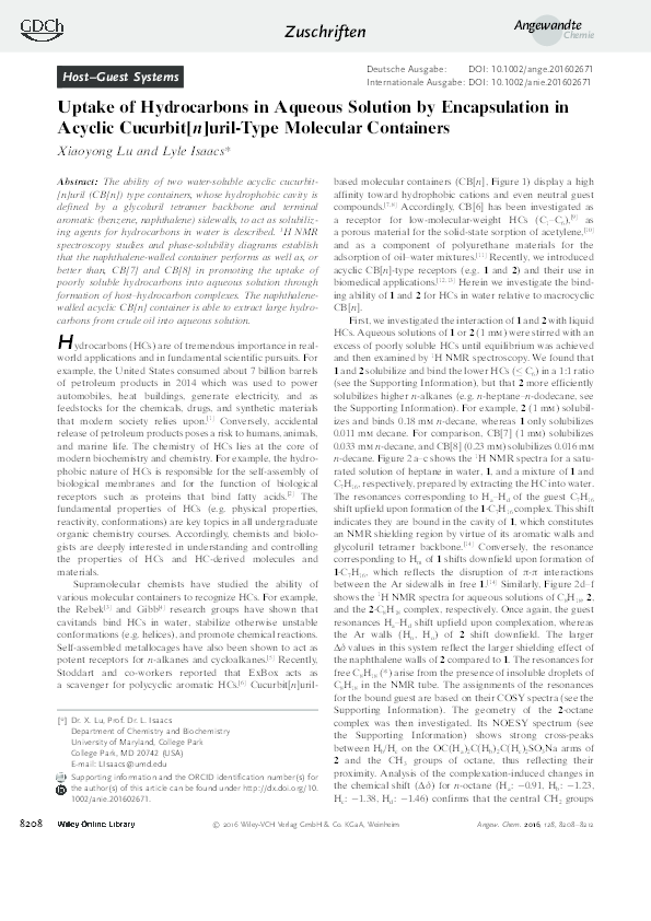 Pdf Hostguest Systems Uptakeo Fhydrocarbons In Aqueous Solution By Encapsulation In Acyclic