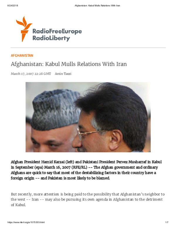 (PDF) Afghanistan: Kabul Mulls Relations With Iran | Amin Tarzi ...