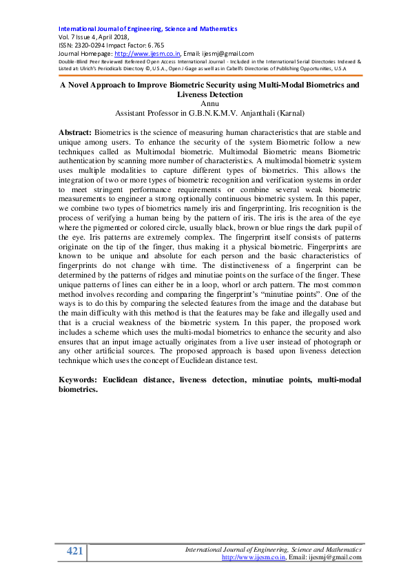 Pdf A Novel Approach To Improve Biometric Security Using Multi Modal Biometrics And