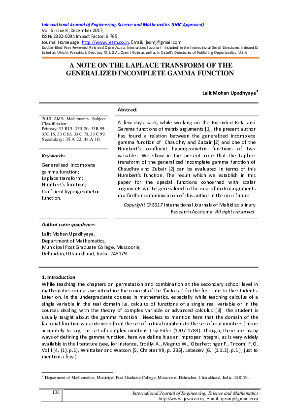 Pdf A Note On The Laplace Transform Of The Generalized Incomplete 8019