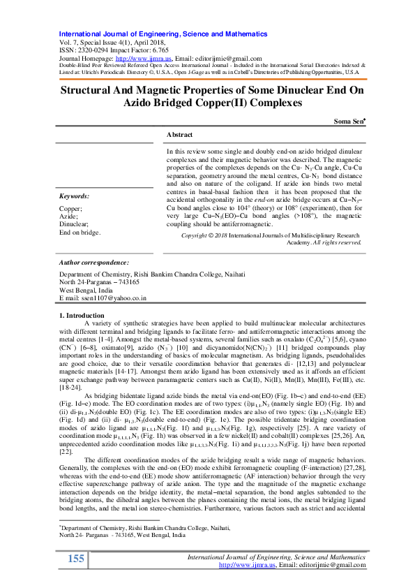 (PDF) Structural And Magnetic Properties of Some Dinuclear End On Azido Bridged Copper(II ...