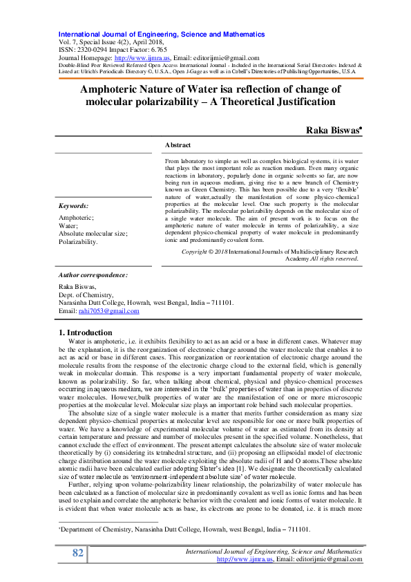 (PDF) Amphoteric Nature of Water isa reflection of change of molecular ...