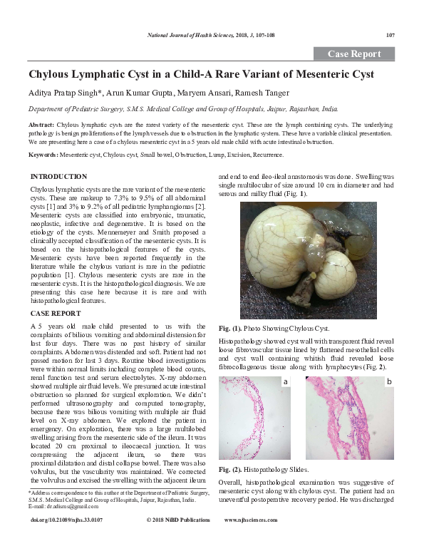 (PDF) Chylous Lymphatic Cyst in a Child-A Rare Variant of Mesenteric Cyst