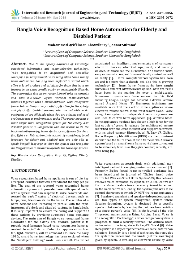 (PDF) IRJET- Bangla Voice Recognition Based Home Automation for Elderly ...