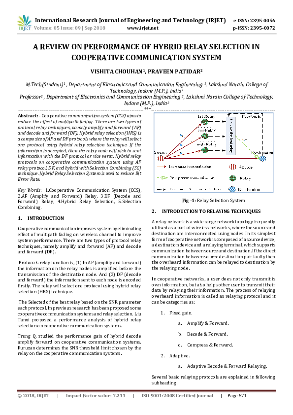 (PDF) IRJET- A REVIEW ON PERFORMANCE OF HYBRID RELAY SELECTION IN COOPERATIVE COMMUNICATION SYSTEM