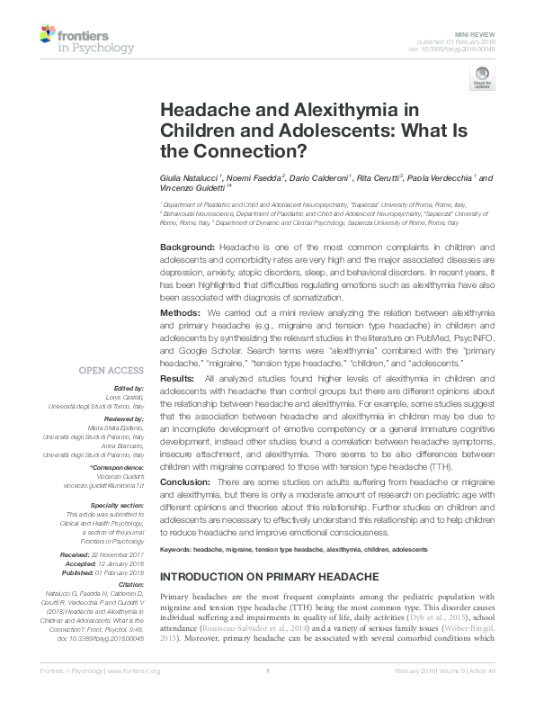 (PDF) Headache and Alexithymia in Children and Adolescents: What Is the ...