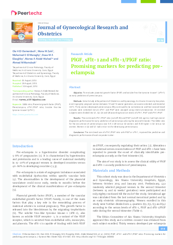 (PDF) PlGF, sFlt-1 and sFlt-1/PlGF ratio: Promising markers for ...