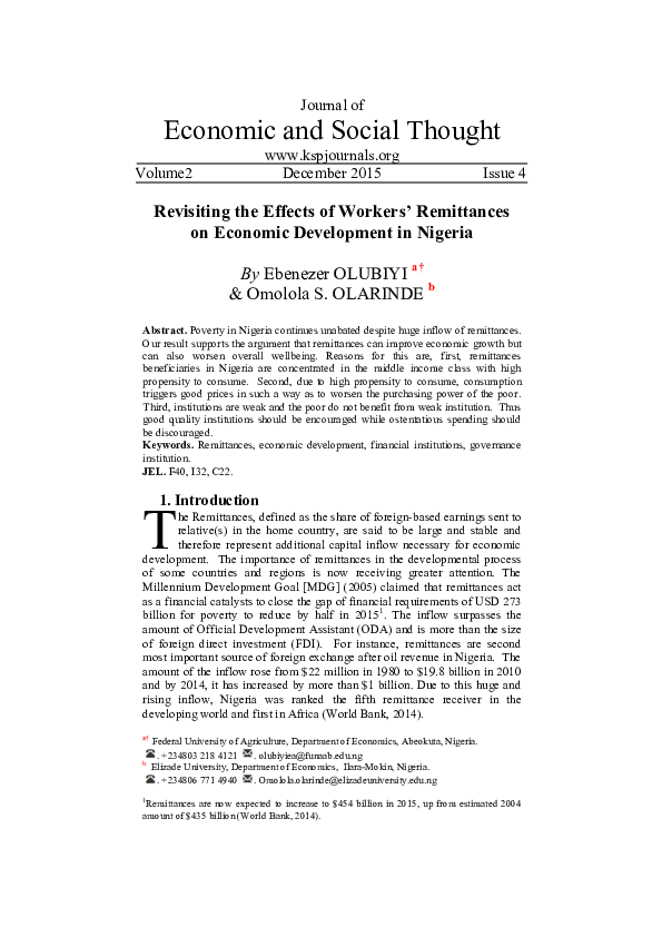 (PDF) Revisiting the Effects of Workers' Remittances on Economic Development in Nigeria