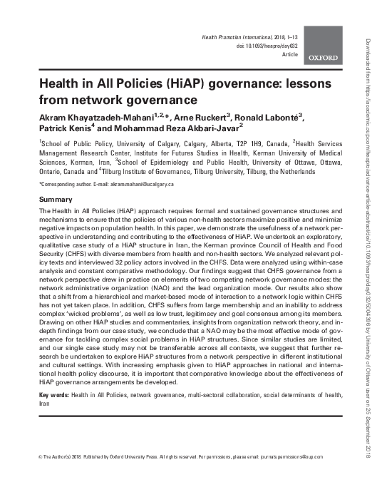 (PDF) Health in All Policies (HiAP) governance: lessons from network ...