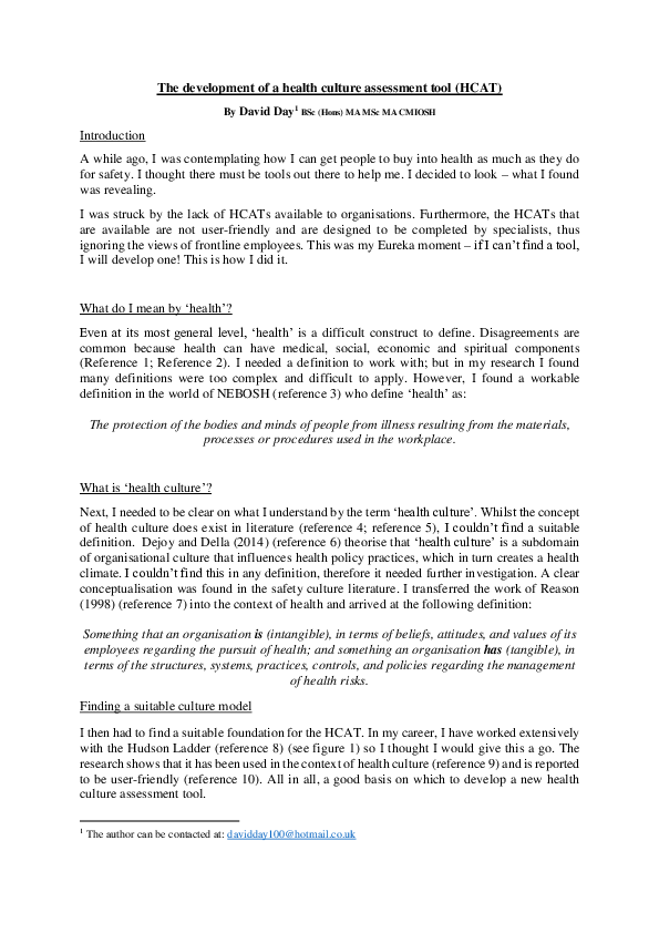 (PDF) The development of a health culture assessment tool based on the ...