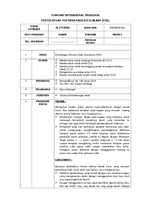 (DOC) STANDAR OPERASIONAL PROSEDUR PERTOLONGAN PERTAMA PADA KECELAKAAN (P3K