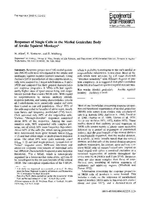 (PDF) Responses of single cells in the medial geniculate body of awake ...