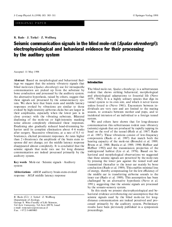 (PDF) Seismic communication signals in the blind mole-rat ( Spalax ...