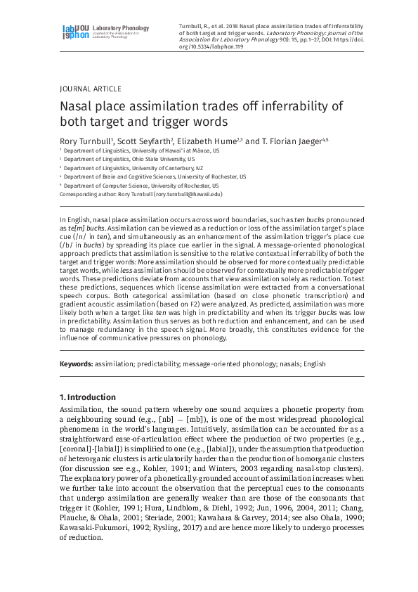 (PDF) Nasal place assimilation trades off inferrability of both target ...