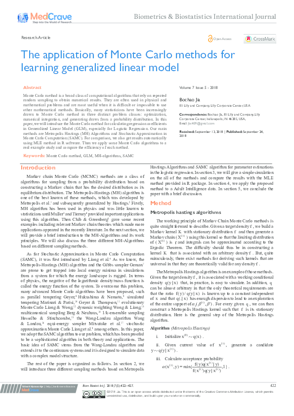 Pdf Monte Carlo Methods In Generalized Linear Models